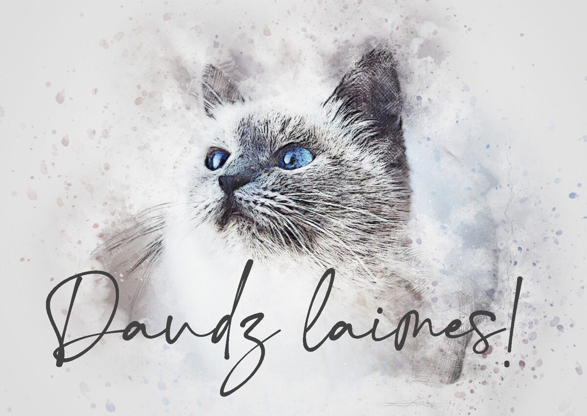 Apsveikuma kartīte -Kaķis balts - Akvareļu kolekcija ar zelta druku ...